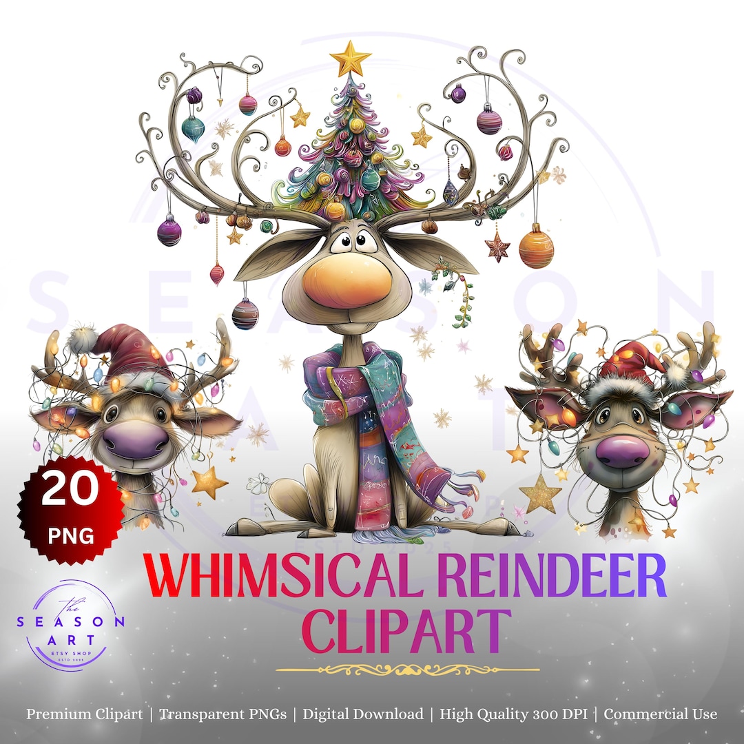Whimsical Reindeer Clipart: Colorful Christmas PNG Bundle (digital ...