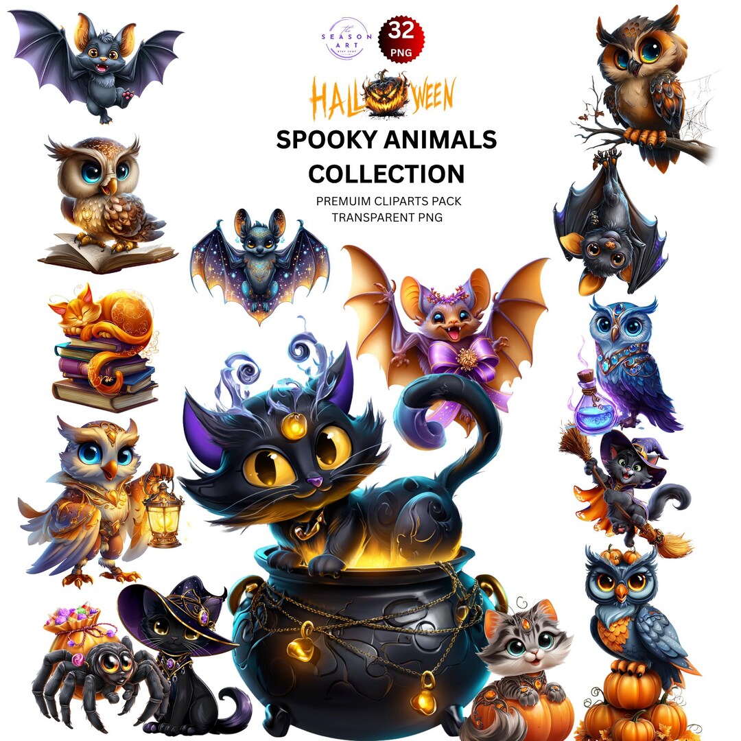 Spooky Animals Clipart Set | Halloween PNG Bundle | Cute Black Cat, Bat ...