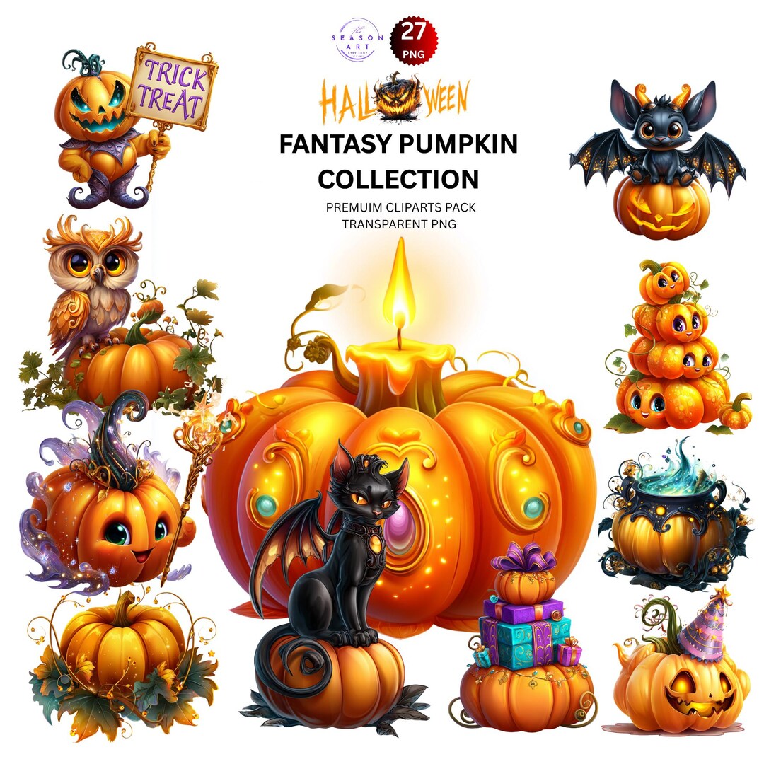 Fantasy Halloween Clipart Bundle: Pumpkins, Cats, Bats, Owls (digital ...