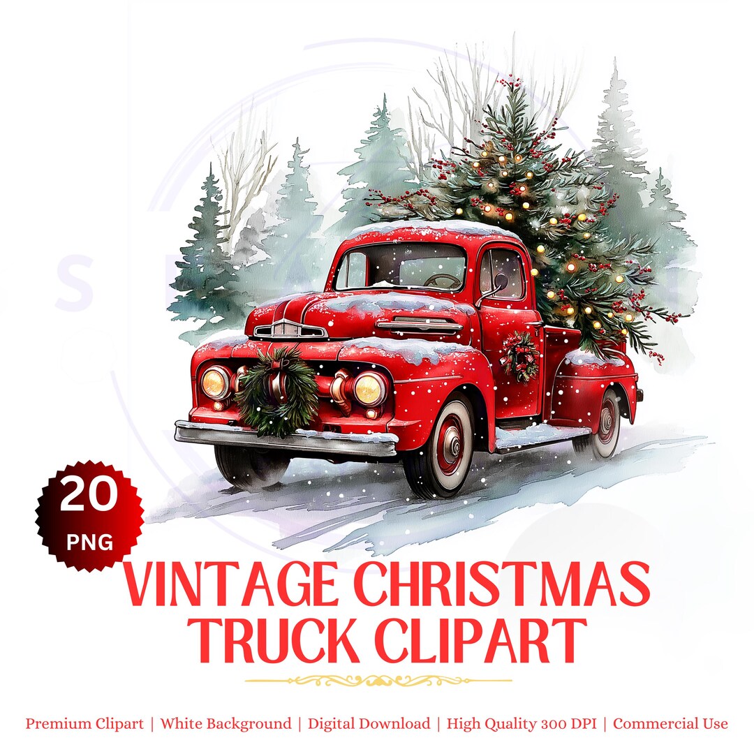 Vintage Christmas Truck Clipart: Watercolor Holiday PNG (digital ...