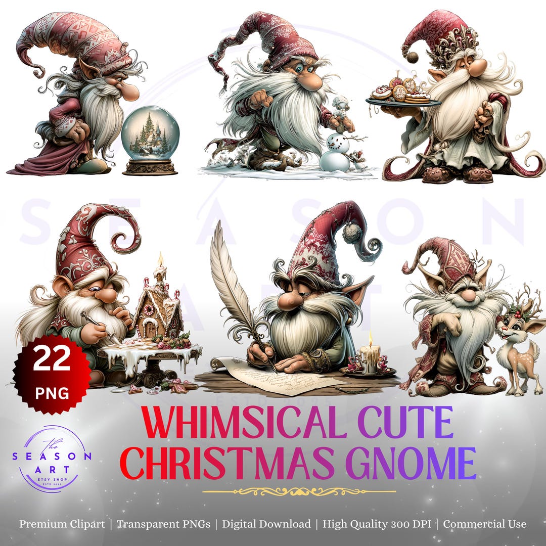 Whimsical Cute Christmas Gnome Clipart, Watercolor Festive Tomte PNG ...