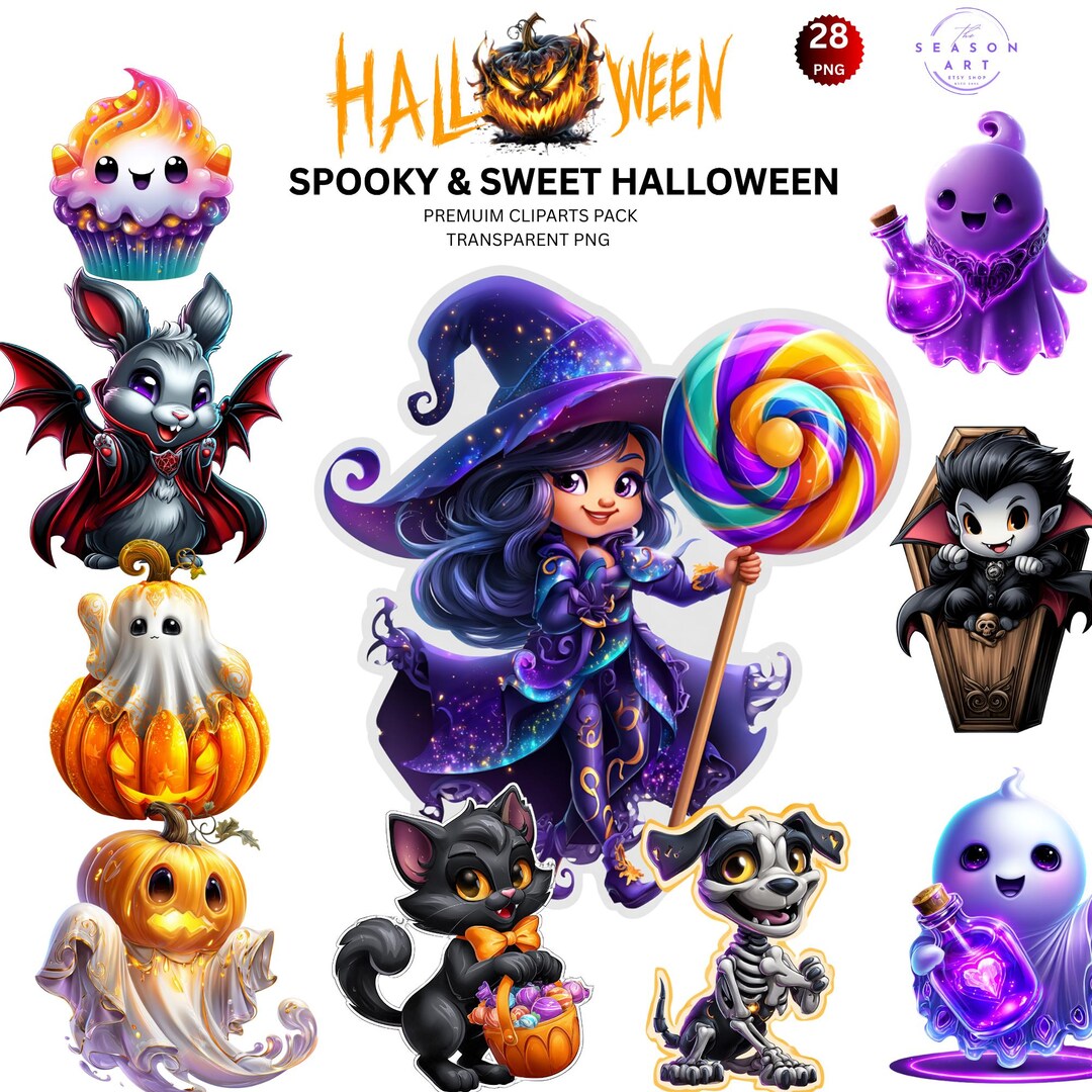 Halloween Clipart Pack: Spooky Kawaii Ghost, Witch, Cat PNG Stickers ...