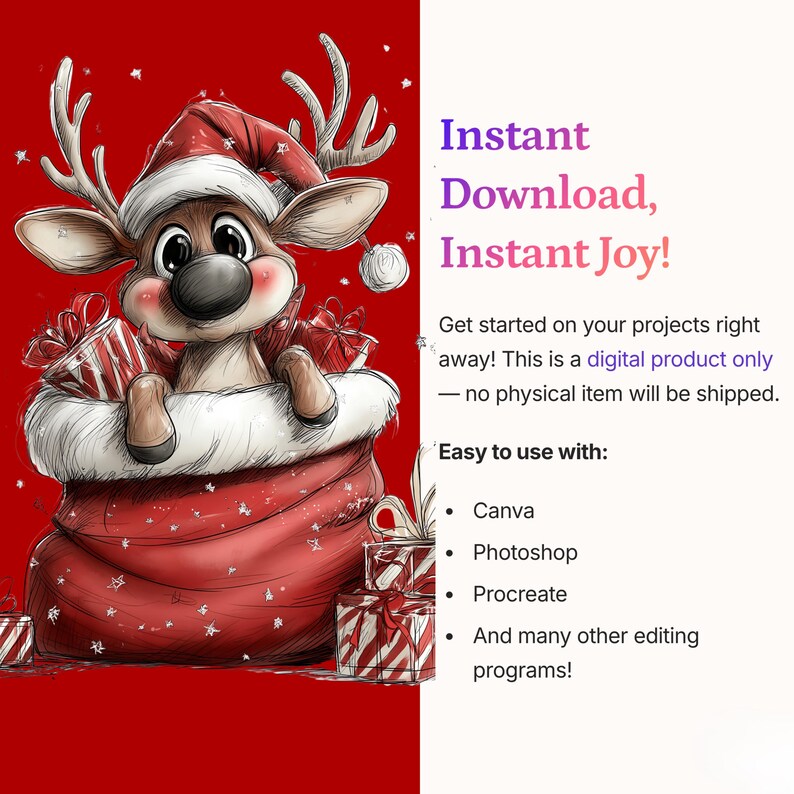 Christmas Reindeer Clipart: Festive PNG Illustrations (digital Download ...