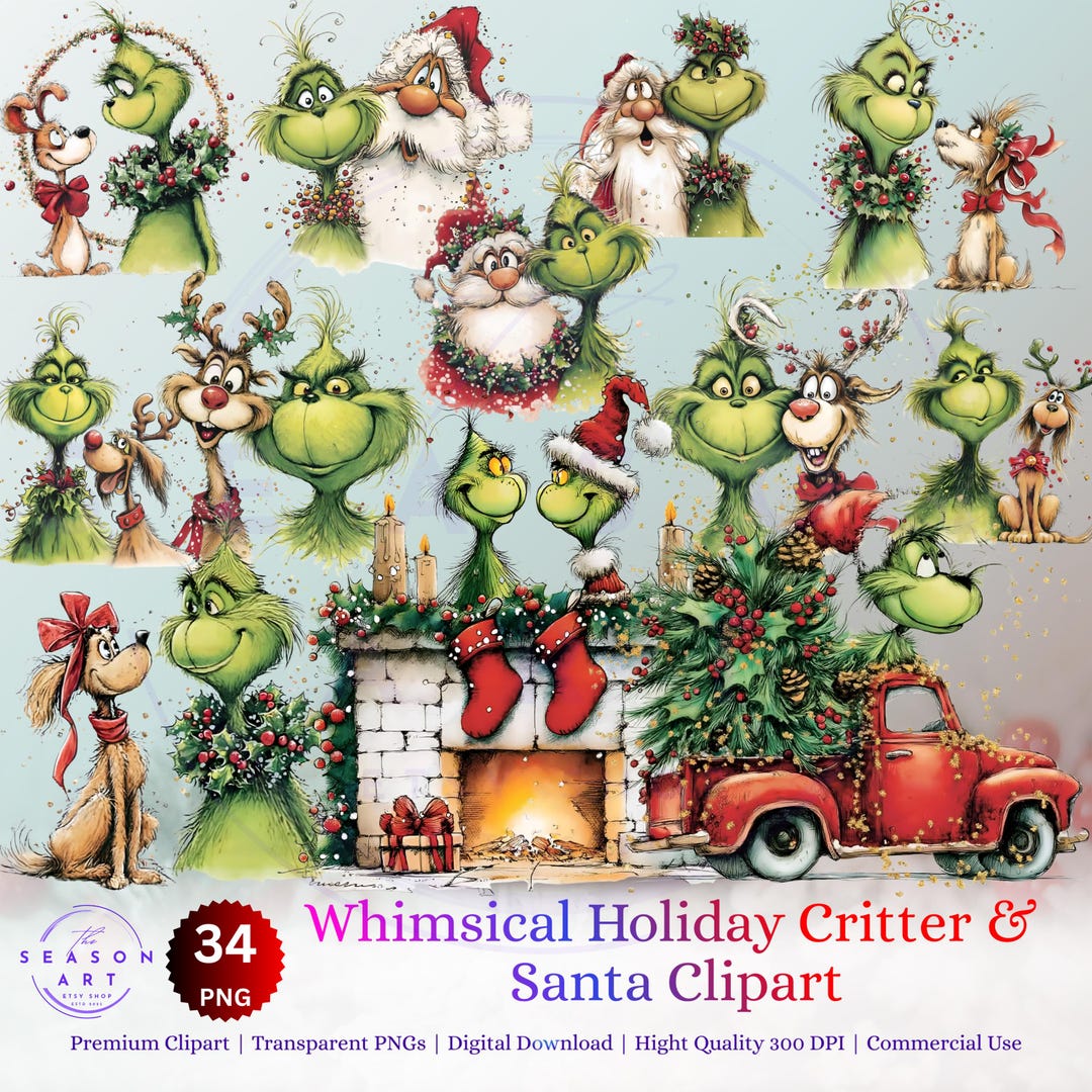 Whimsical Green Critter Clipart - Grinch-inspired Character & Santa ...