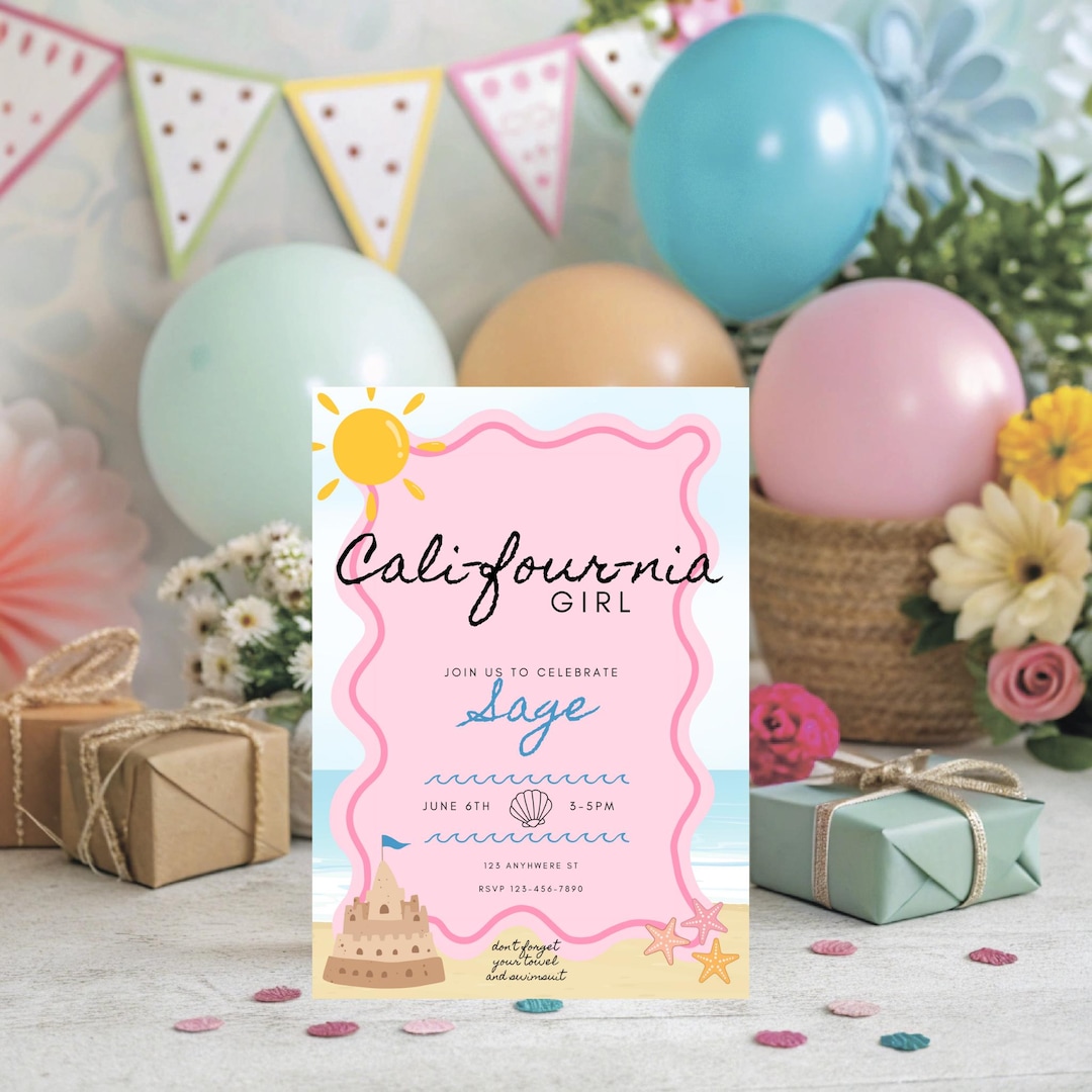 Cali-four-nia Girl Beach Theme Swim Birthday Fourth Summer Invitation ...