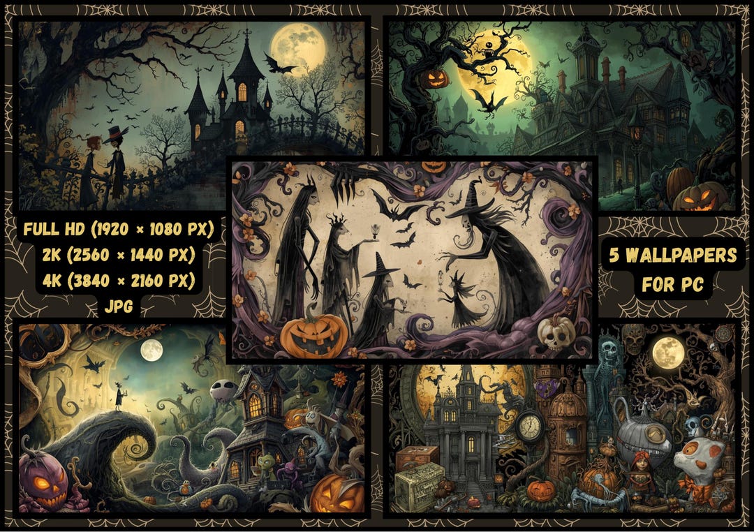 Haunted Gothic Halloween Wallpaper Bundle | Dark Witches, Pumpkins ...