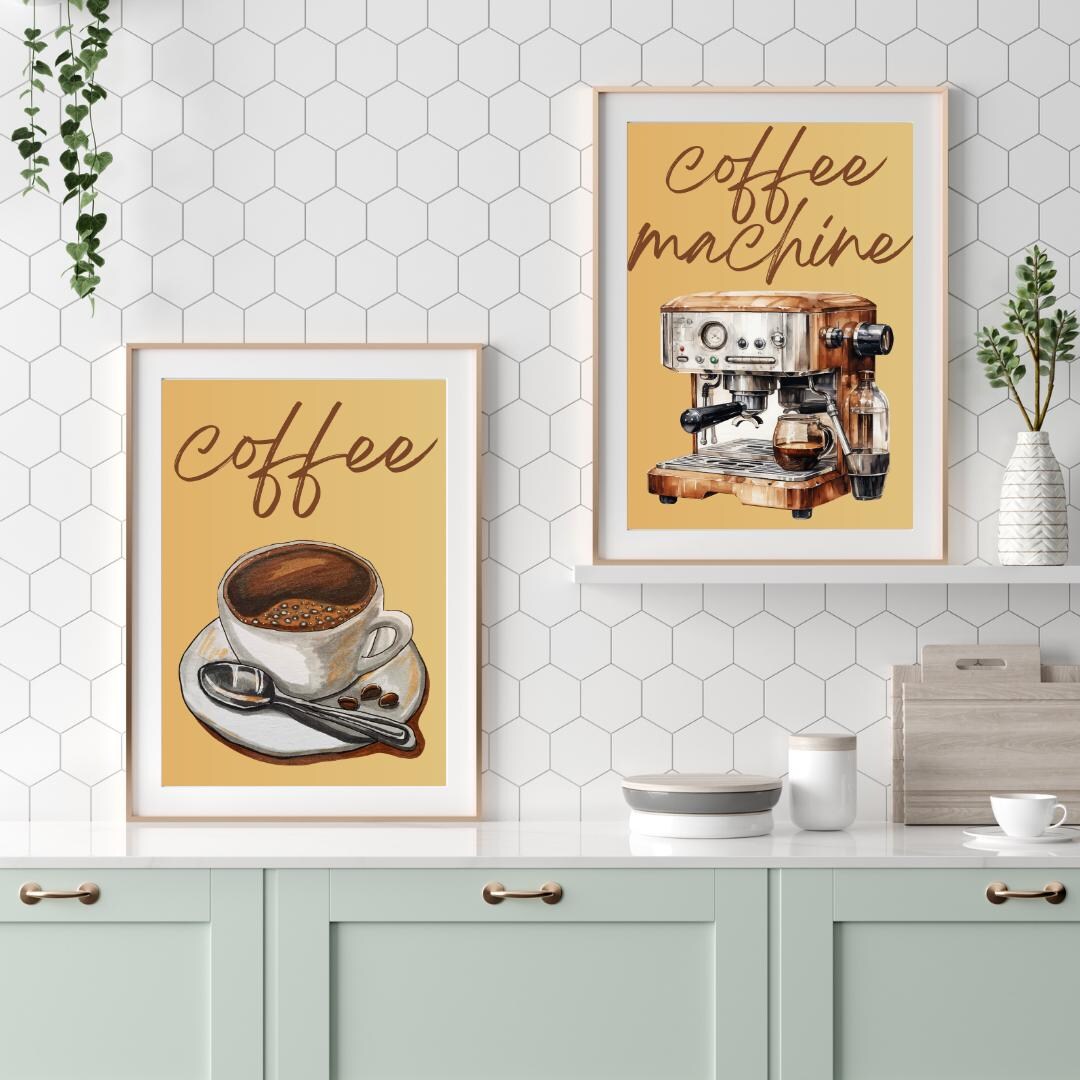 Pack 2 Wall Art Coffee, Printable Minimalist Coffee Fe Graphics. Wall ...
