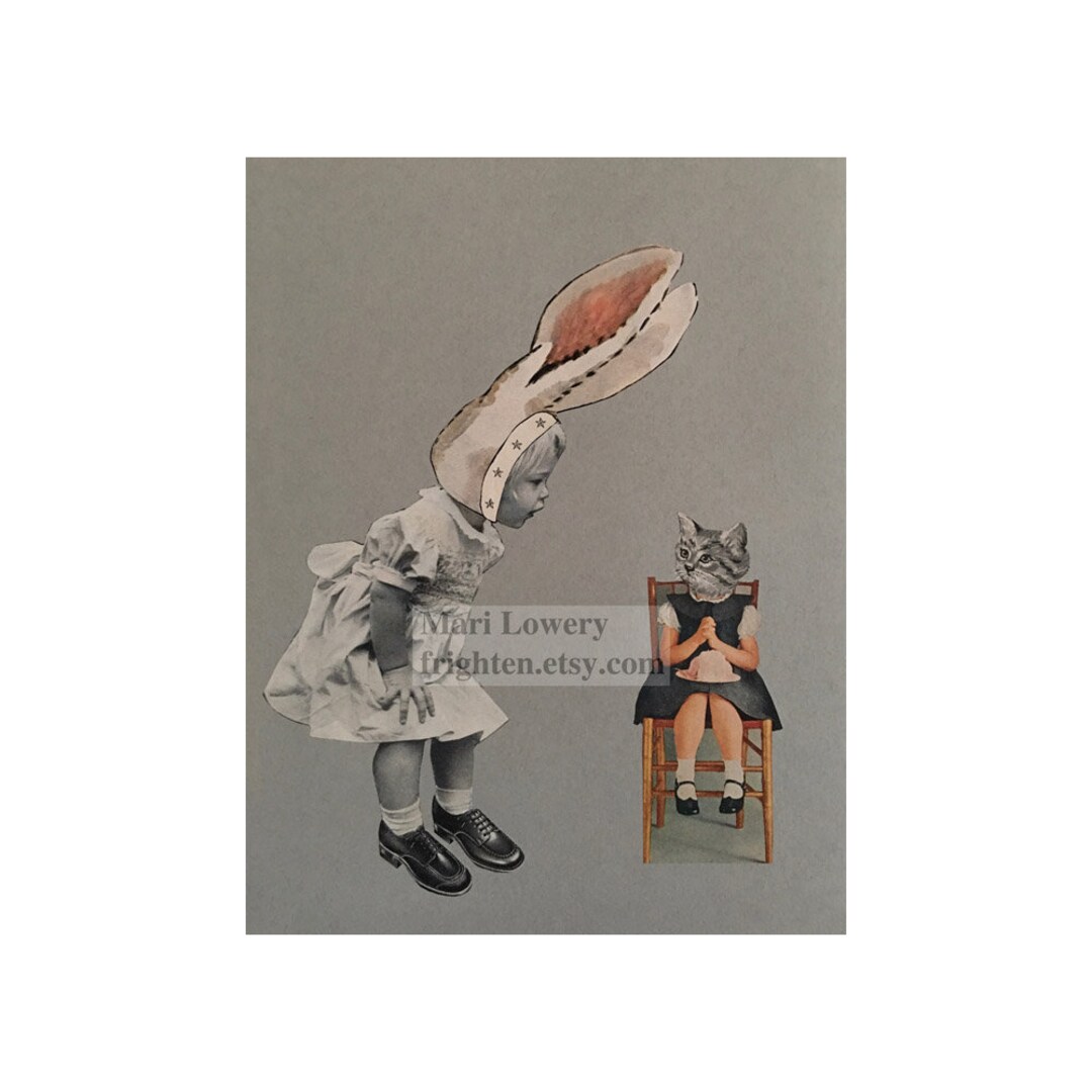 Nursery Decor Paper Collage Print, Cute Rabbit Ears Cat Art 8.5 X 11 ...