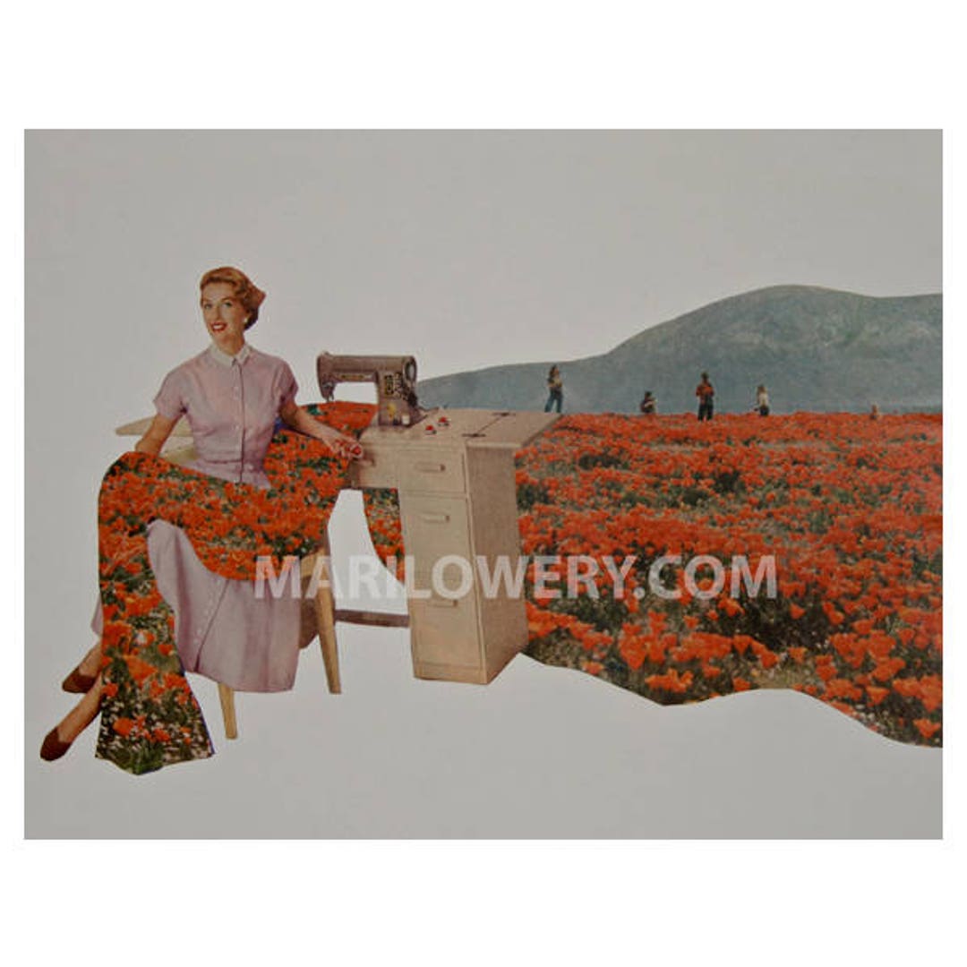 Spring Art Surreal Art Paper Collage Print Woman Sewing Field - Etsy