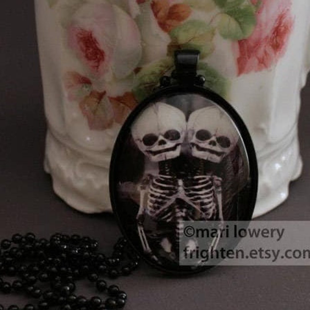 Halloween Pendant, Oddities, Two Headed Skeleton, Skull Art Necklace ...