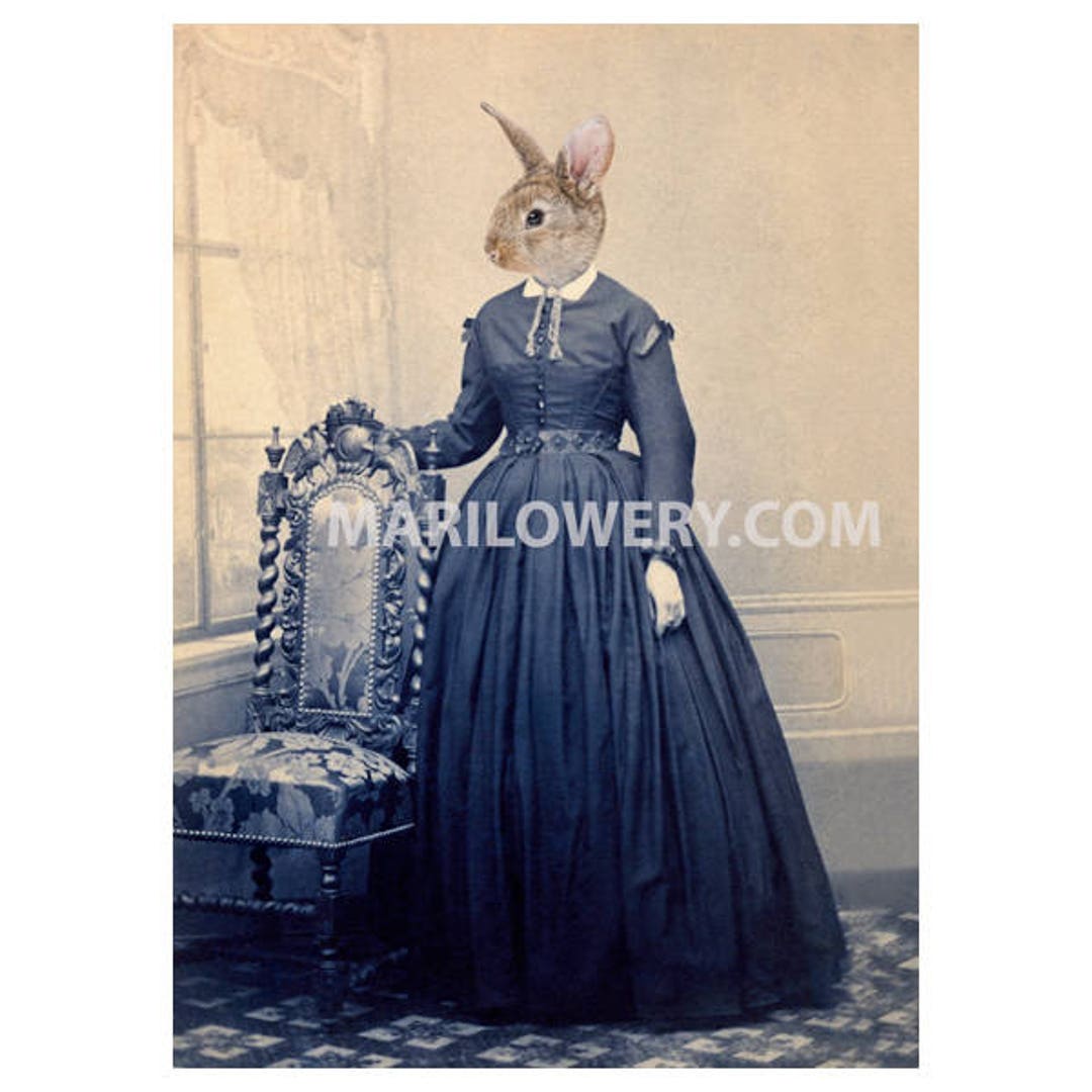 Bunny Rabbit in Dress Collage Art 5x7 Inch Print, Victorian Animal in ...