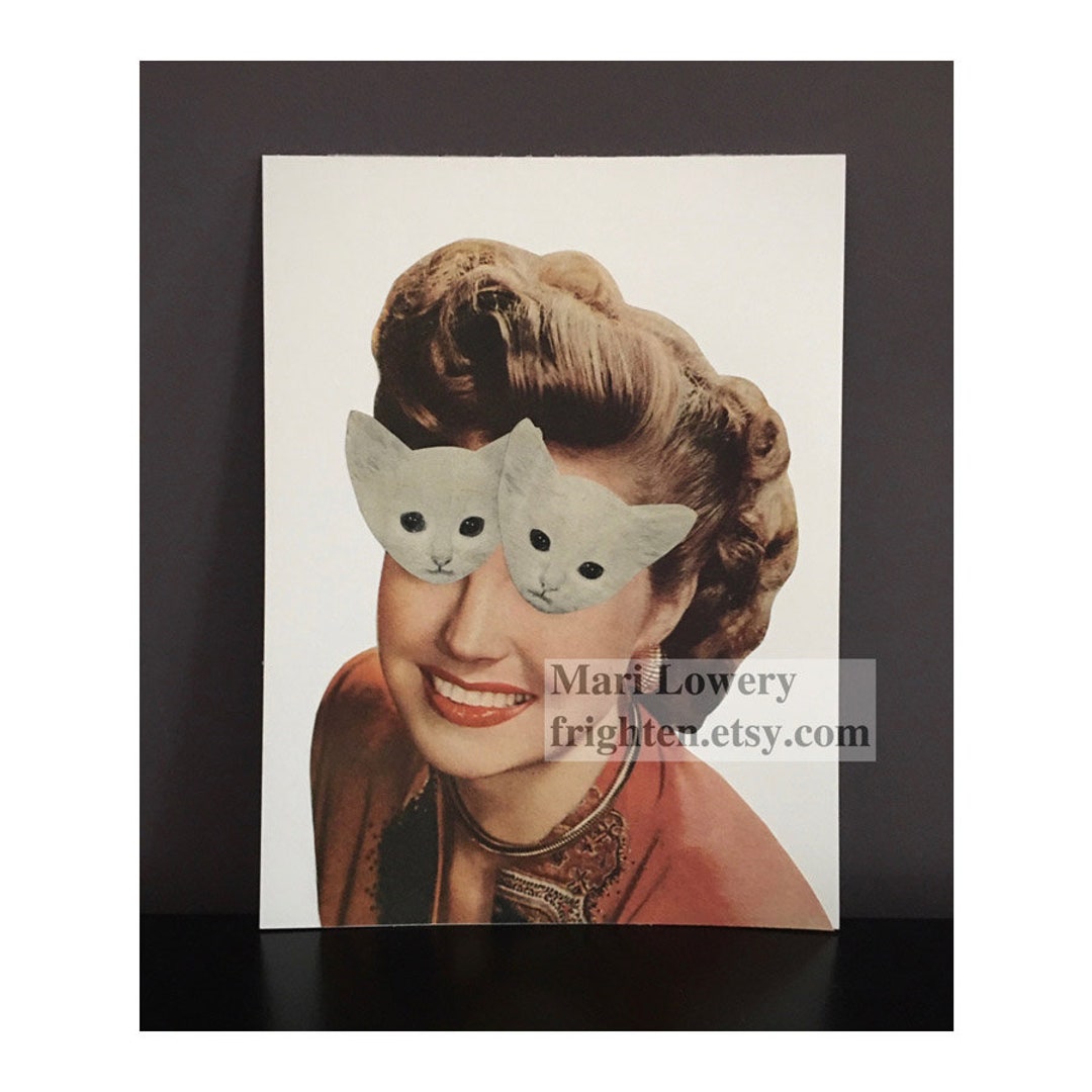 Weird White Cat Art One of a Kind Surreal Art Retro Woman With Cat Eyes ...