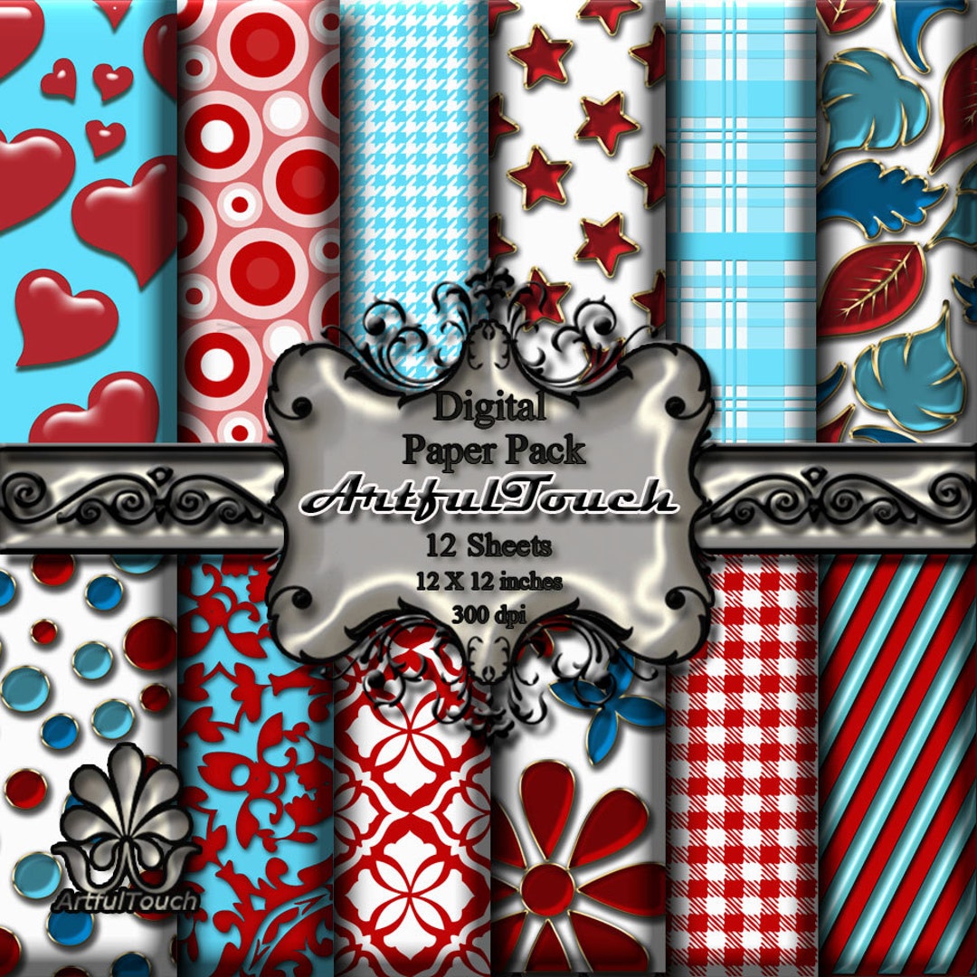 Digital Paper, Digital Scrapbook Paper Pack, Blue and Red, 12 Digital ...