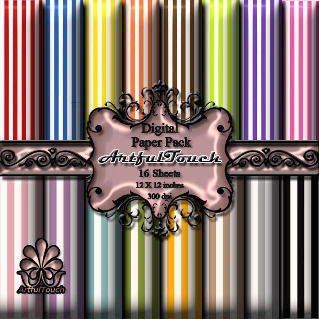Digital Paper Pack, Strips Digital Scrapbook Paper Pack, 16 Digital ...