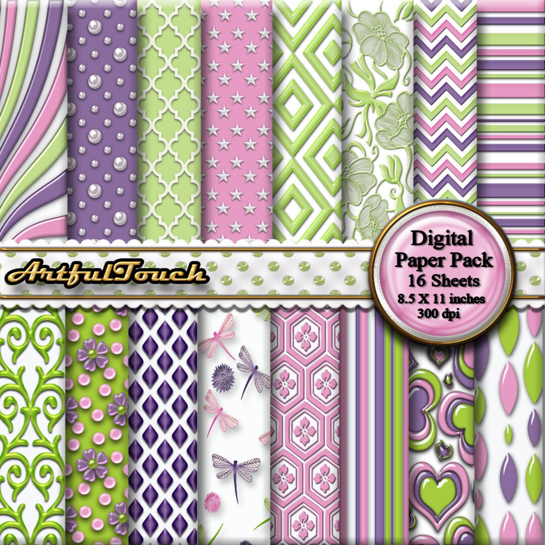 Digital Paper Purple Green Digital Paper Pack, Digital Scrapbook Paper ...