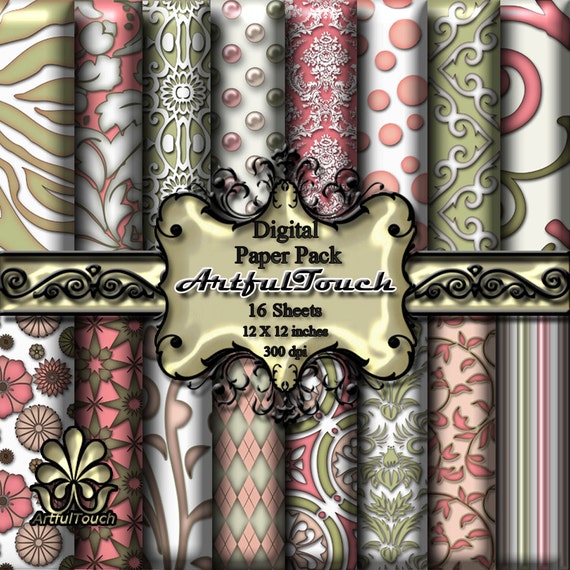 Digital Paper Pink Green Damask Digital Scrapbook Paper Pack | Etsy