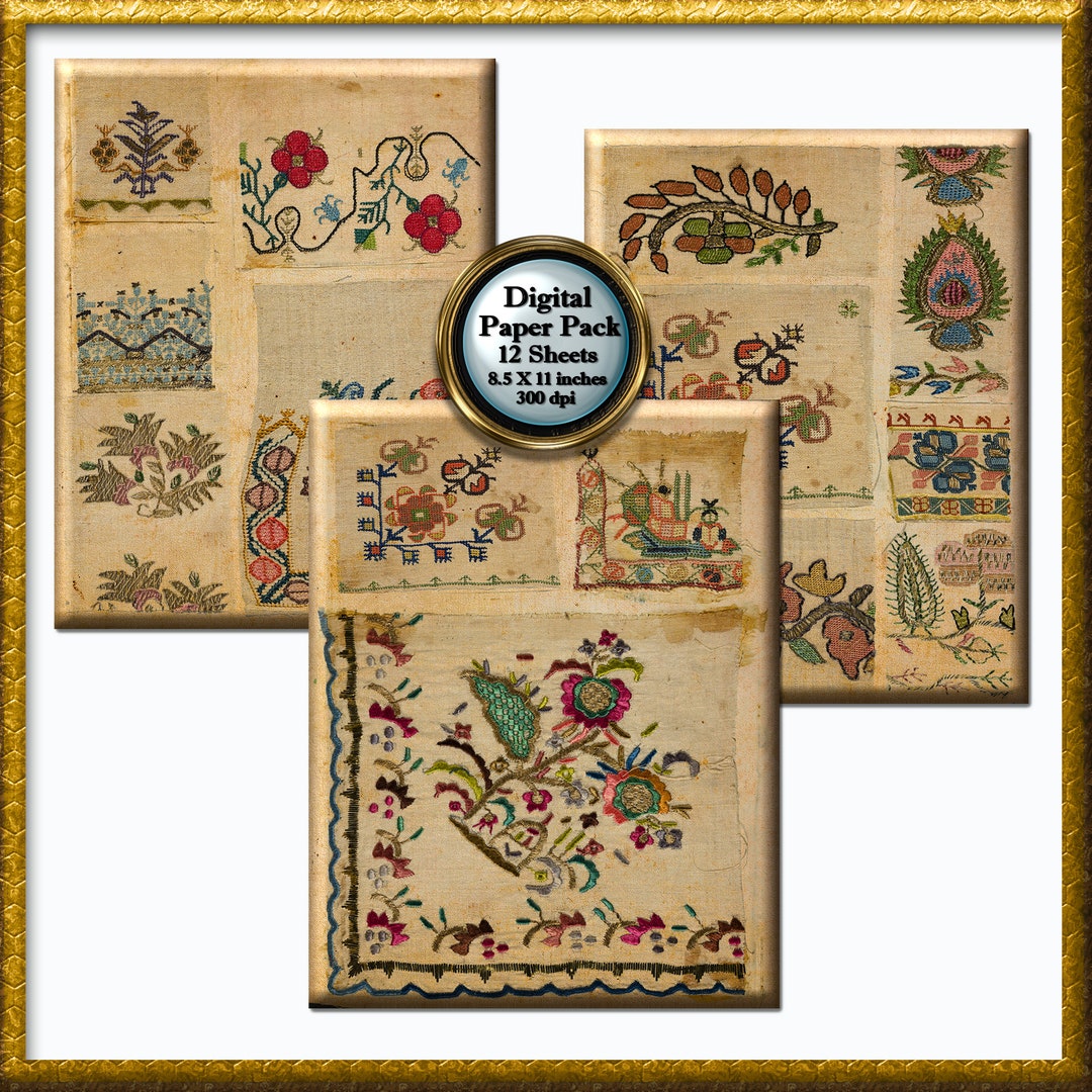 12 Vintage Digital Paper, Vintage Needlepoint Collage Sheets Digital ...