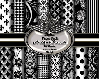 Black & White Digital Paper Pack With Stripes Damask Chevrons - Etsy