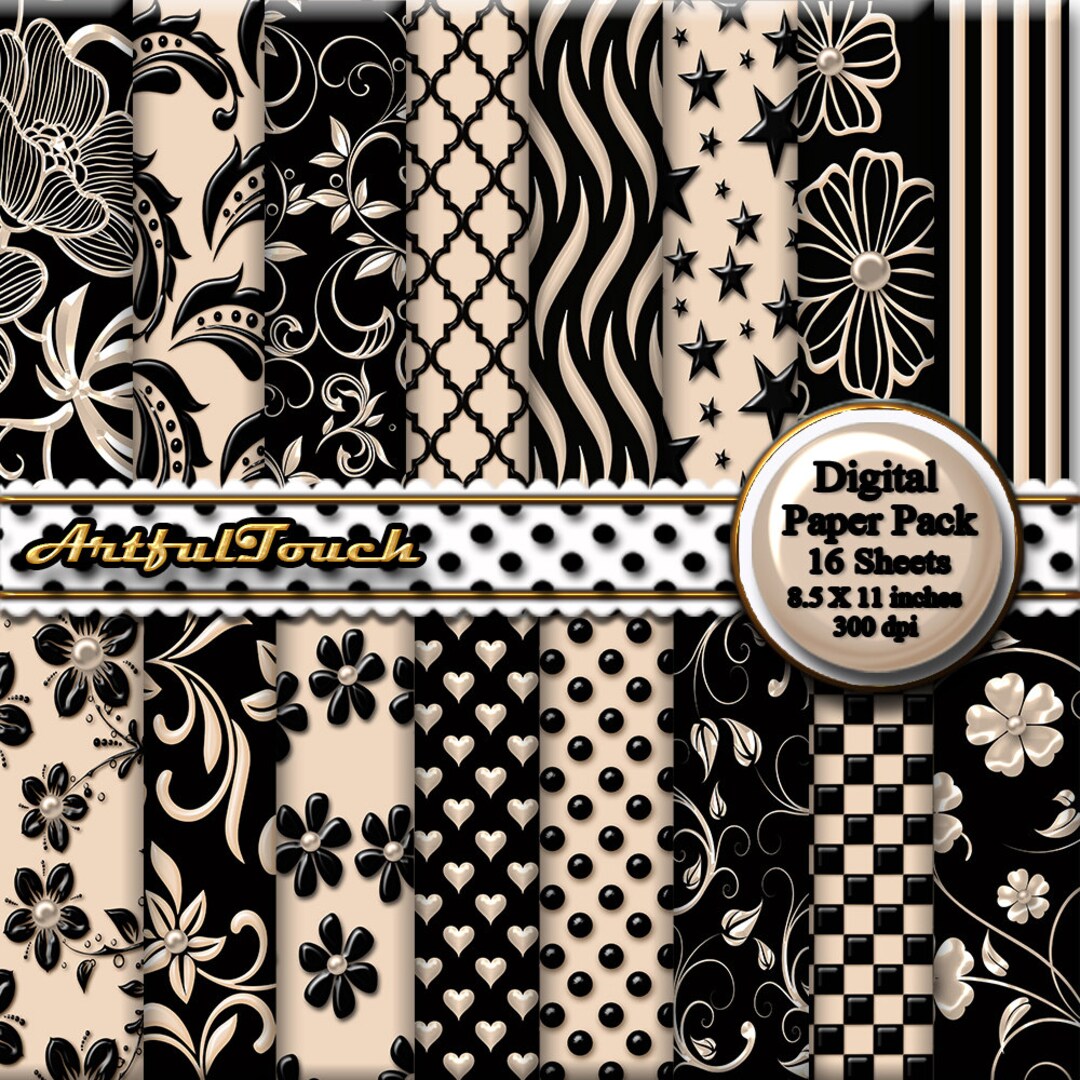 Black Floral Digital Paper Black off White Digital Paper, Floral ...