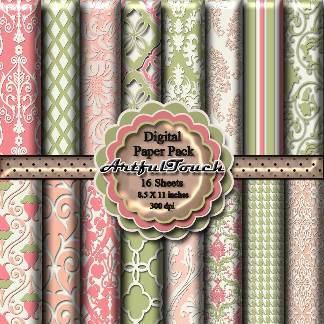 Digital Paper, Digital Scrapbook Paper Pack, Green Pink Damask, 16 ...