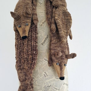 Hand Knit Wolf Scarf in Brown Black With Polymer Clay Buttons - Etsy