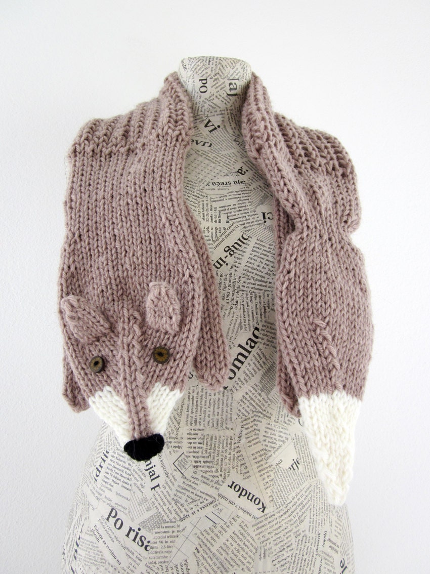 Hand Knit Fox Scarf in Light Brown, Hazelnut With Polymer Clay Buttons ...