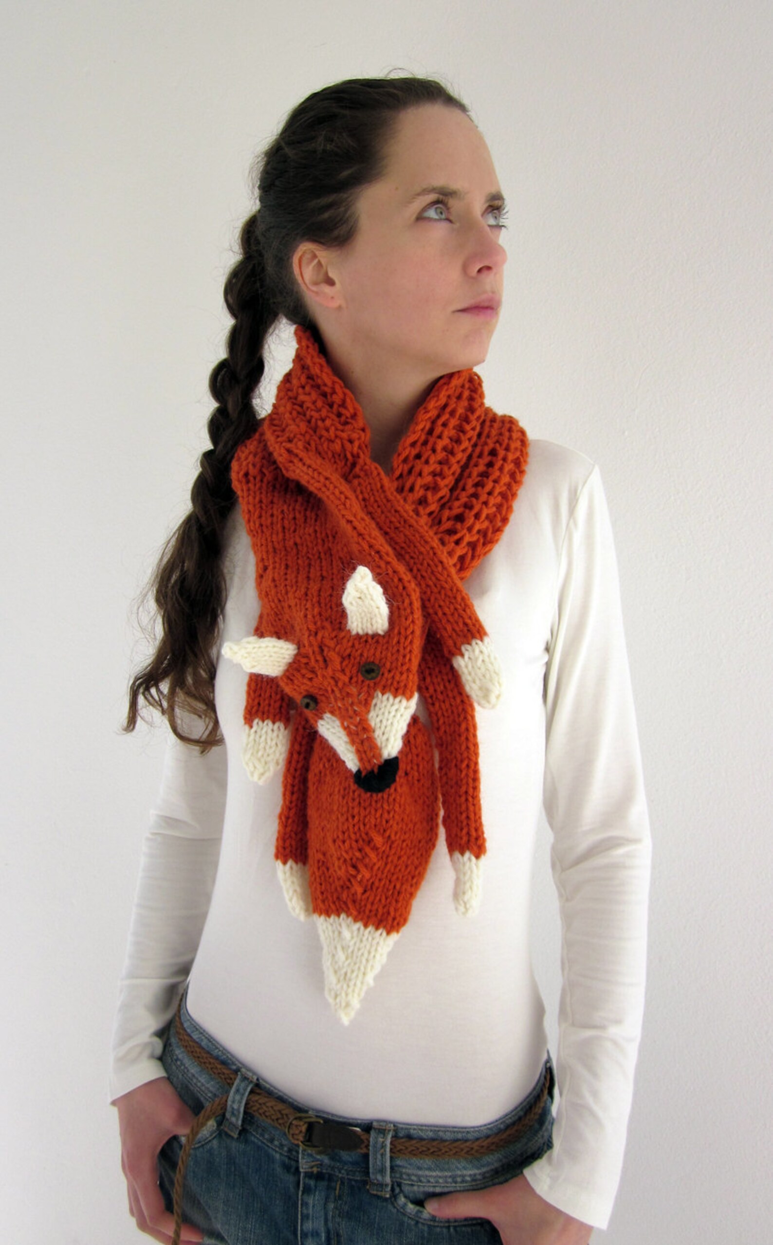 Hand Knit Fox Scarf in Red Orange With Polymer Clay Buttons, With Ears ...