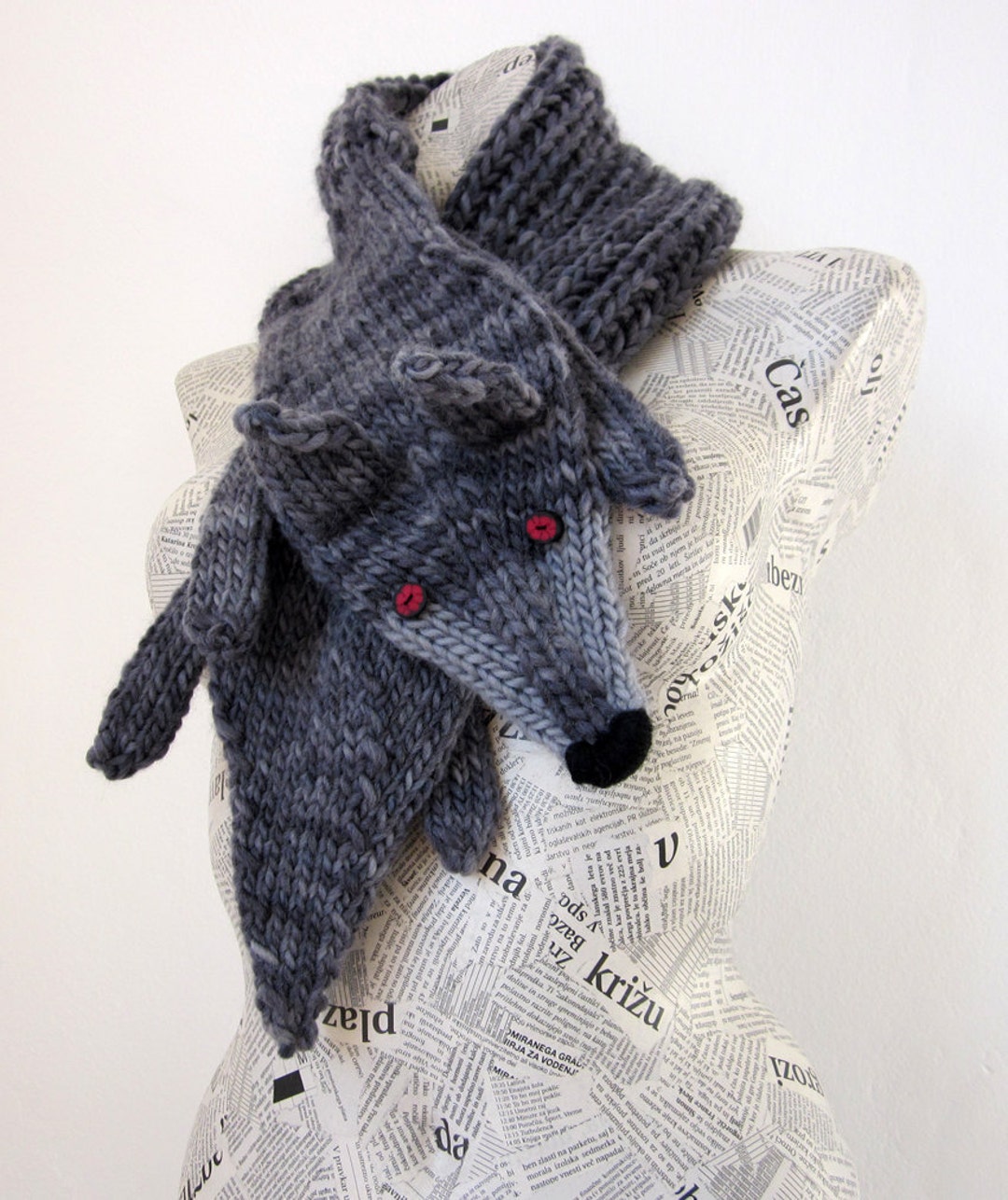 Hand Knit Wolf Scarf in Grey Black With Polymer Clay Buttons - Etsy