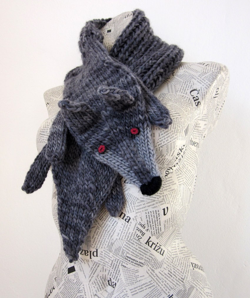 Hand Knit Wolf Scarf in Grey Black With Polymer Clay Buttons - Etsy