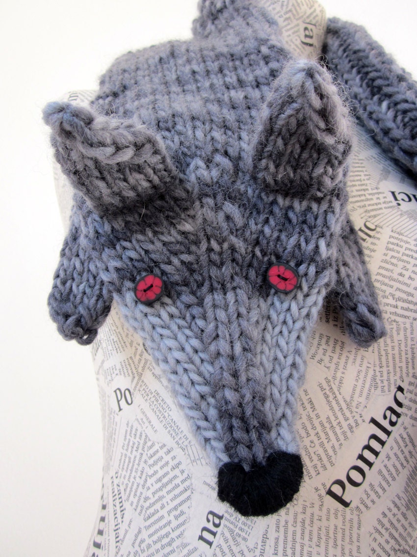 Hand Knit Wolf Scarf in Grey Black With Polymer Clay Buttons - Etsy
