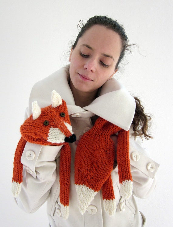 Hand Knit Fox Scarf in Red Orange With Polymer Clay Buttons | Etsy