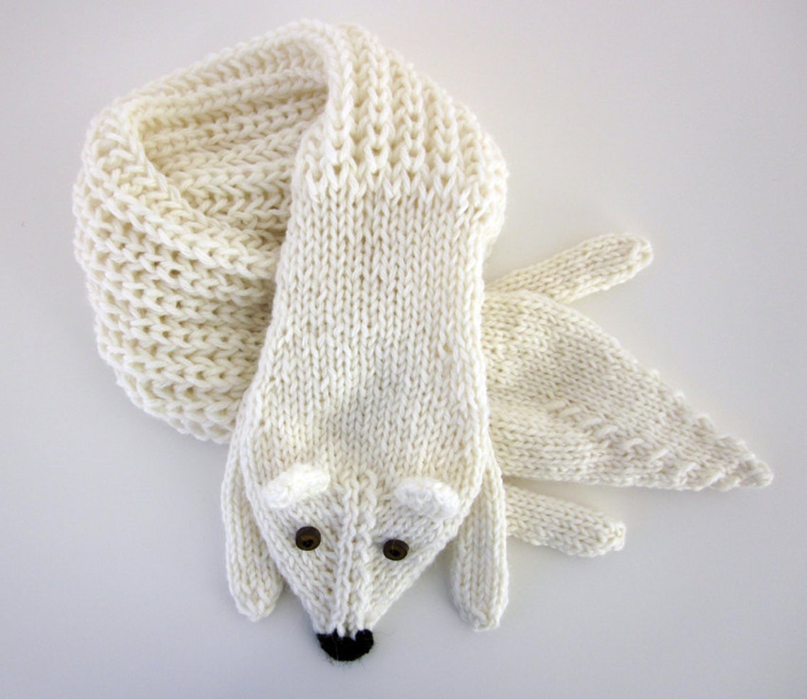 Hand Knit Fox Scarf in White With Polymer Clay Buttons - Etsy Australia