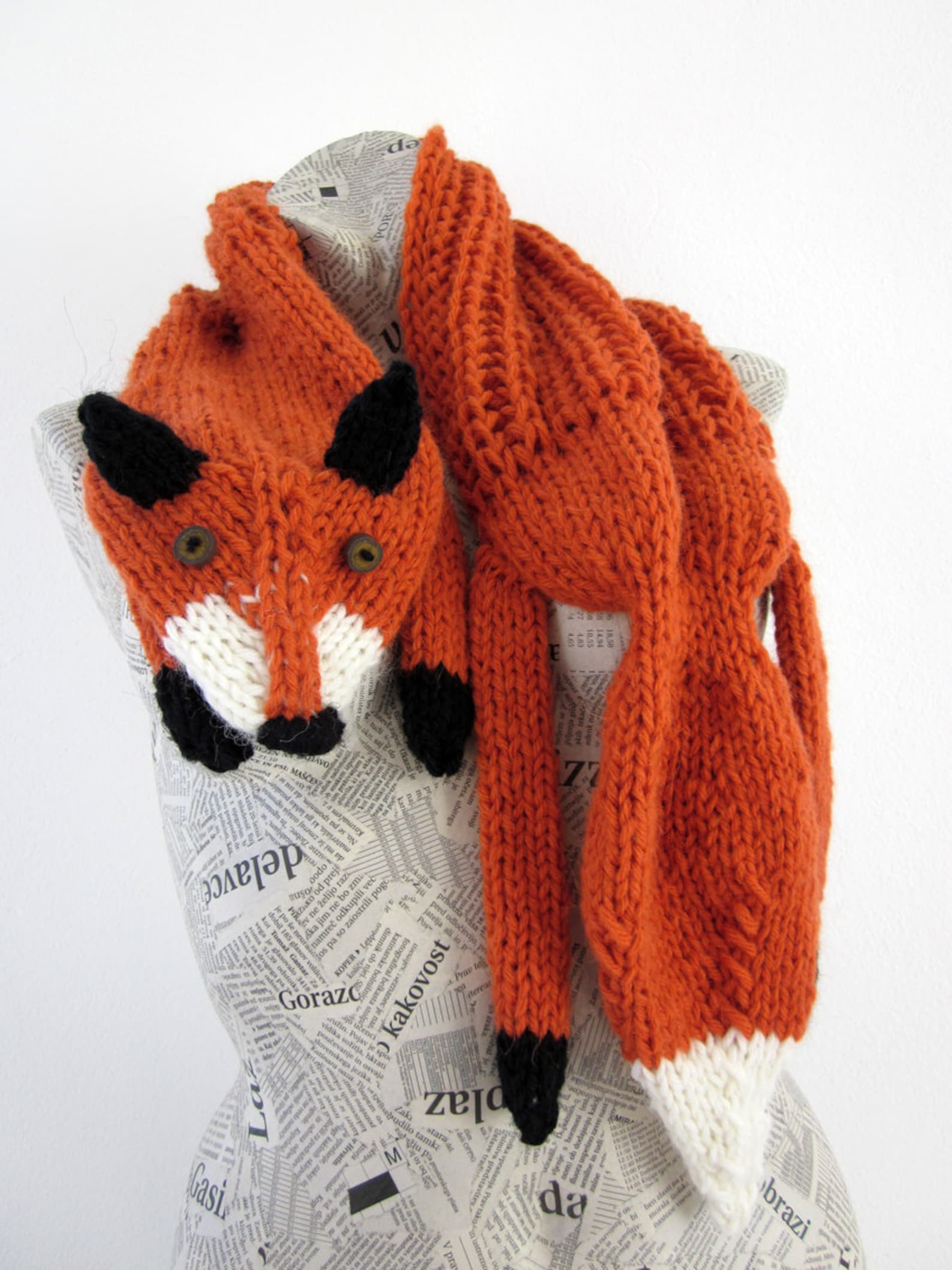 Hand Knit Fox Scarf in Red Orange With Polymer Clay Buttons - Etsy