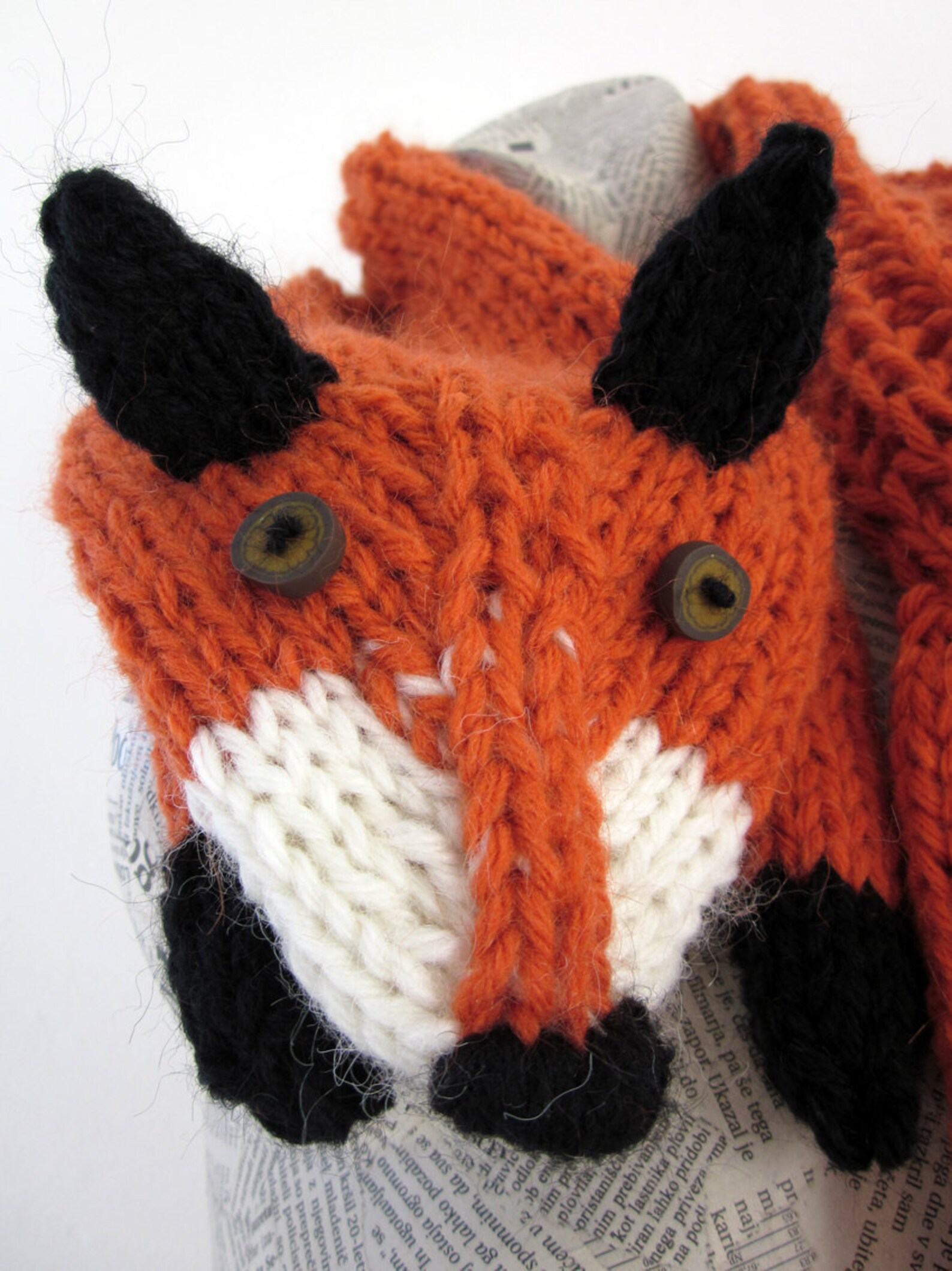 Hand Knit Fox Scarf in Red Orange With Polymer Clay Buttons - Etsy