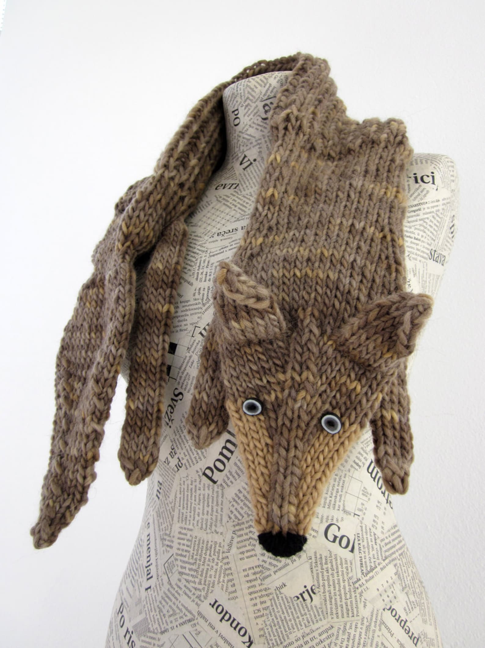Hand Knit Wolf Scarf in Brown Black With Polymer Clay Buttons - Etsy