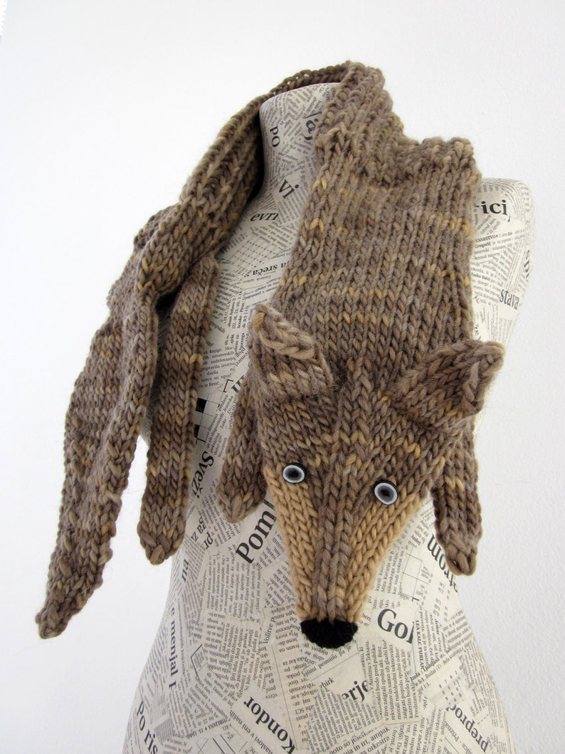Hand Knit Wolf Scarf in Brown Black With Polymer Clay Buttons - Etsy