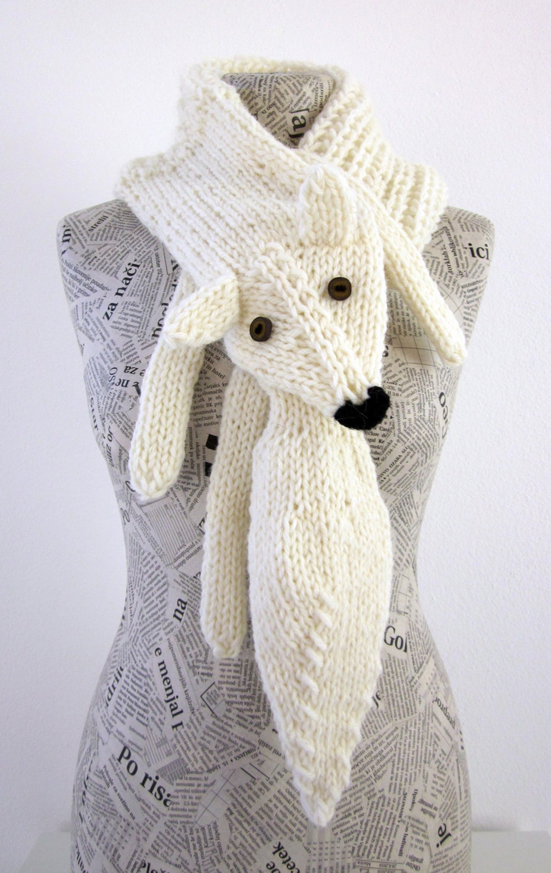 Hand Knit Fox Scarf in White With Polymer Clay Buttons - Etsy