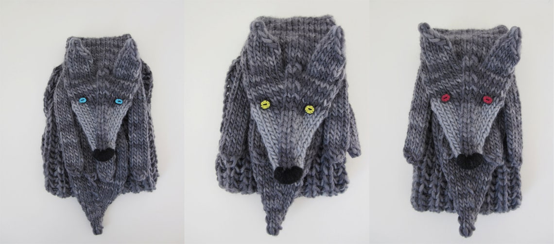 Hand Knit Long Wolf Scarf in Grey Black With Polymer Clay Buttons, Grey ...
