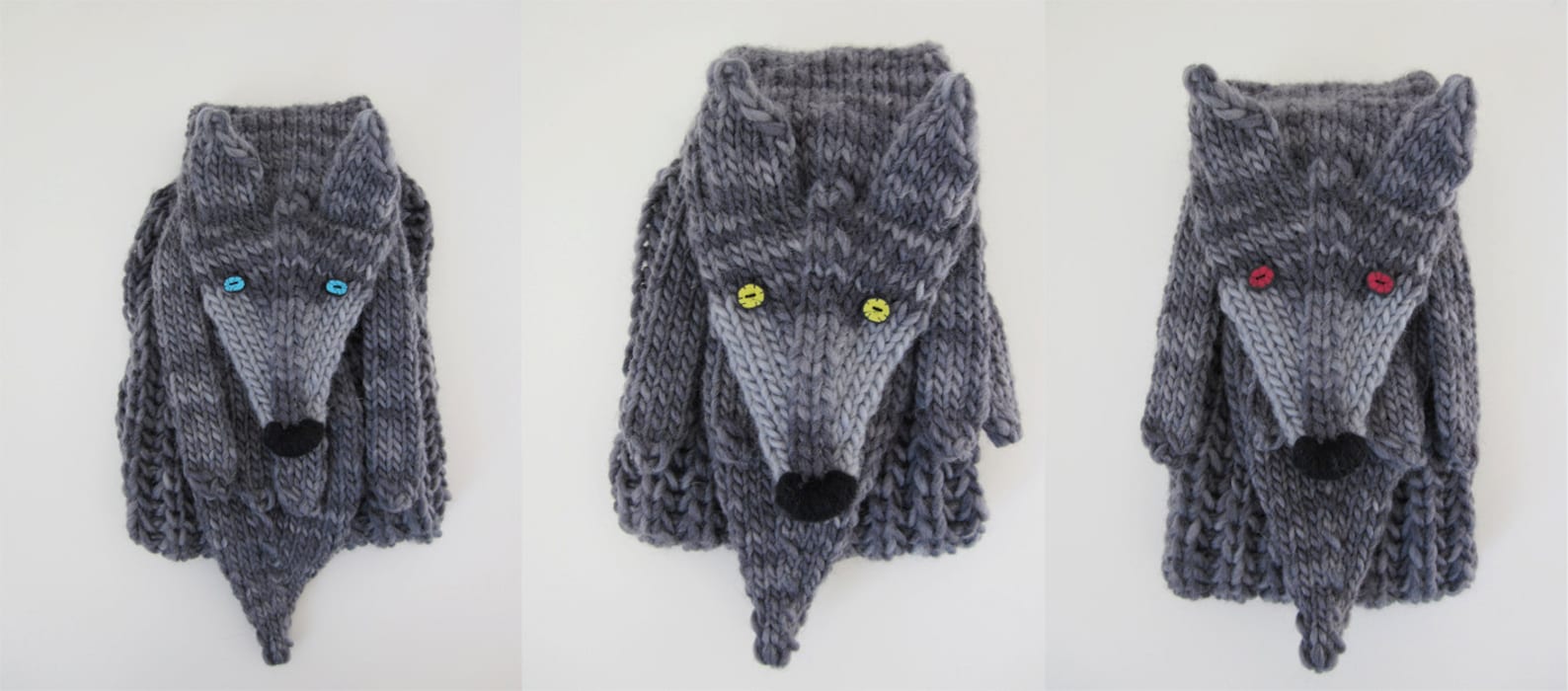 Hand Knit Long Wolf Scarf in Grey Black With Polymer Clay Buttons, Grey ...