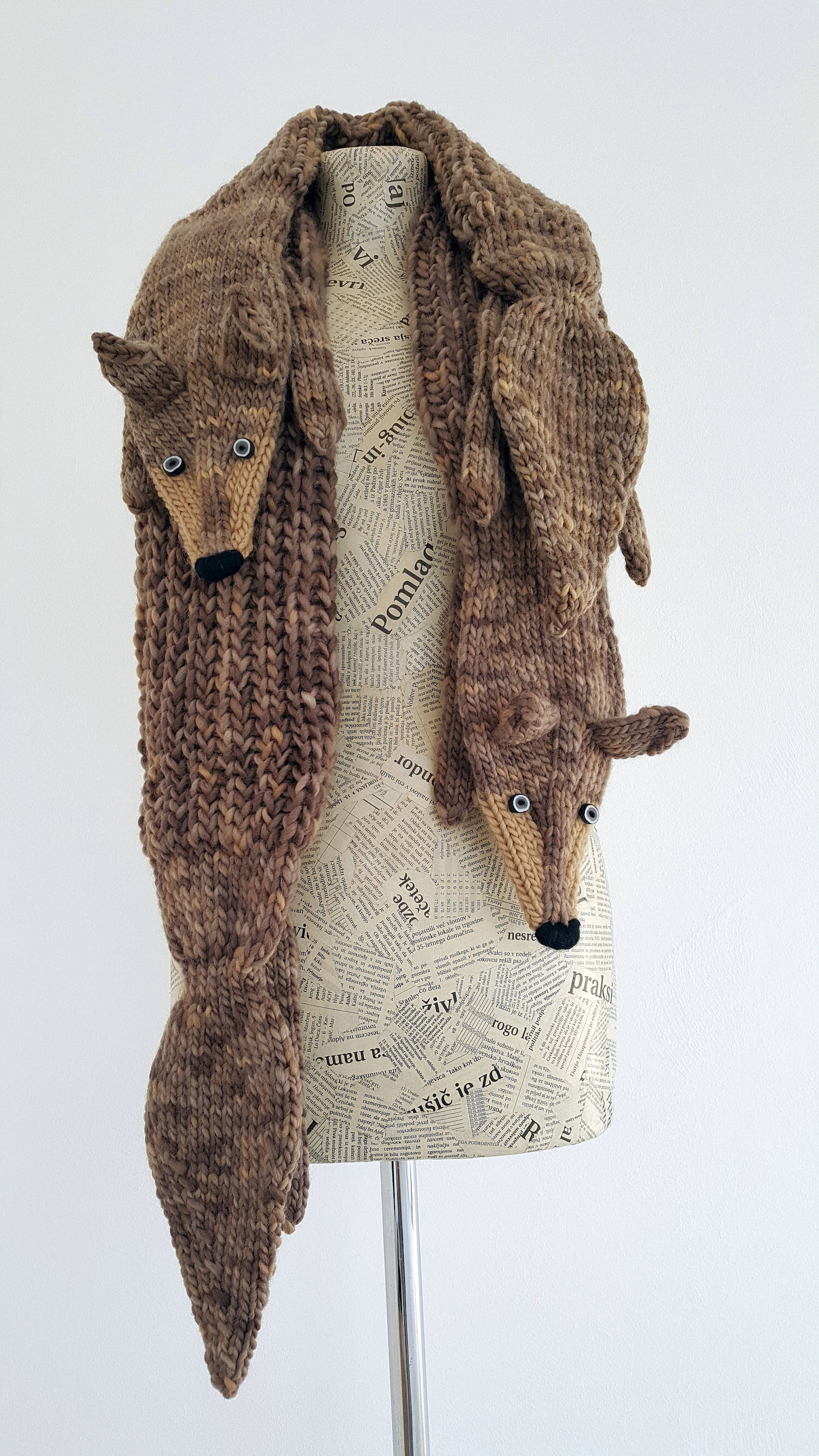 Hand Knit Wolf Scarf in Brown Black With Polymer Clay Buttons - Etsy