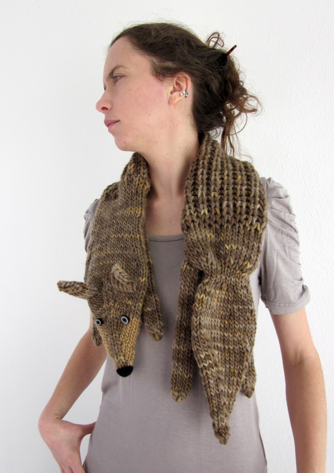 Hand Knit Wolf Scarf in Brown Black With Polymer Clay Buttons - Etsy