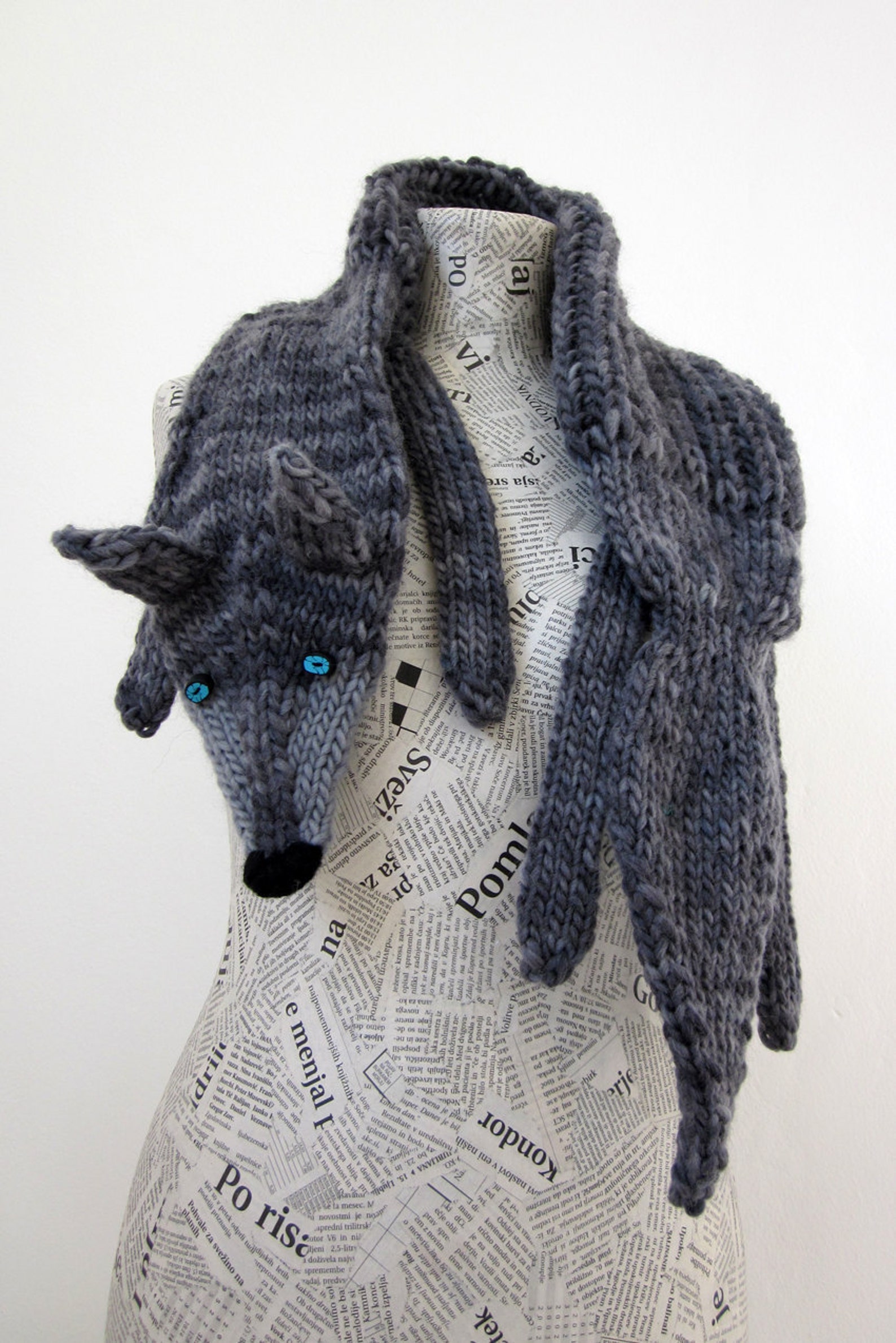 Hand Knit Wolf Scarf in Grey Black With Polymer Clay Buttons - Etsy