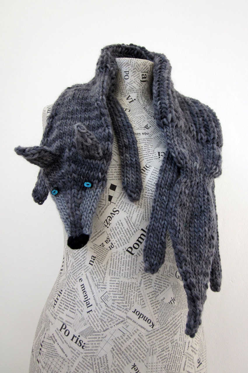 Hand Knit Wolf Scarf in Grey Black With Polymer Clay Buttons - Etsy