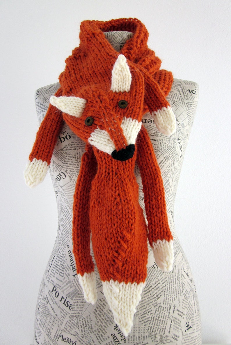 Hand Knit Fox Scarf in Red Orange With Polymer Clay Buttons, With Ears ...