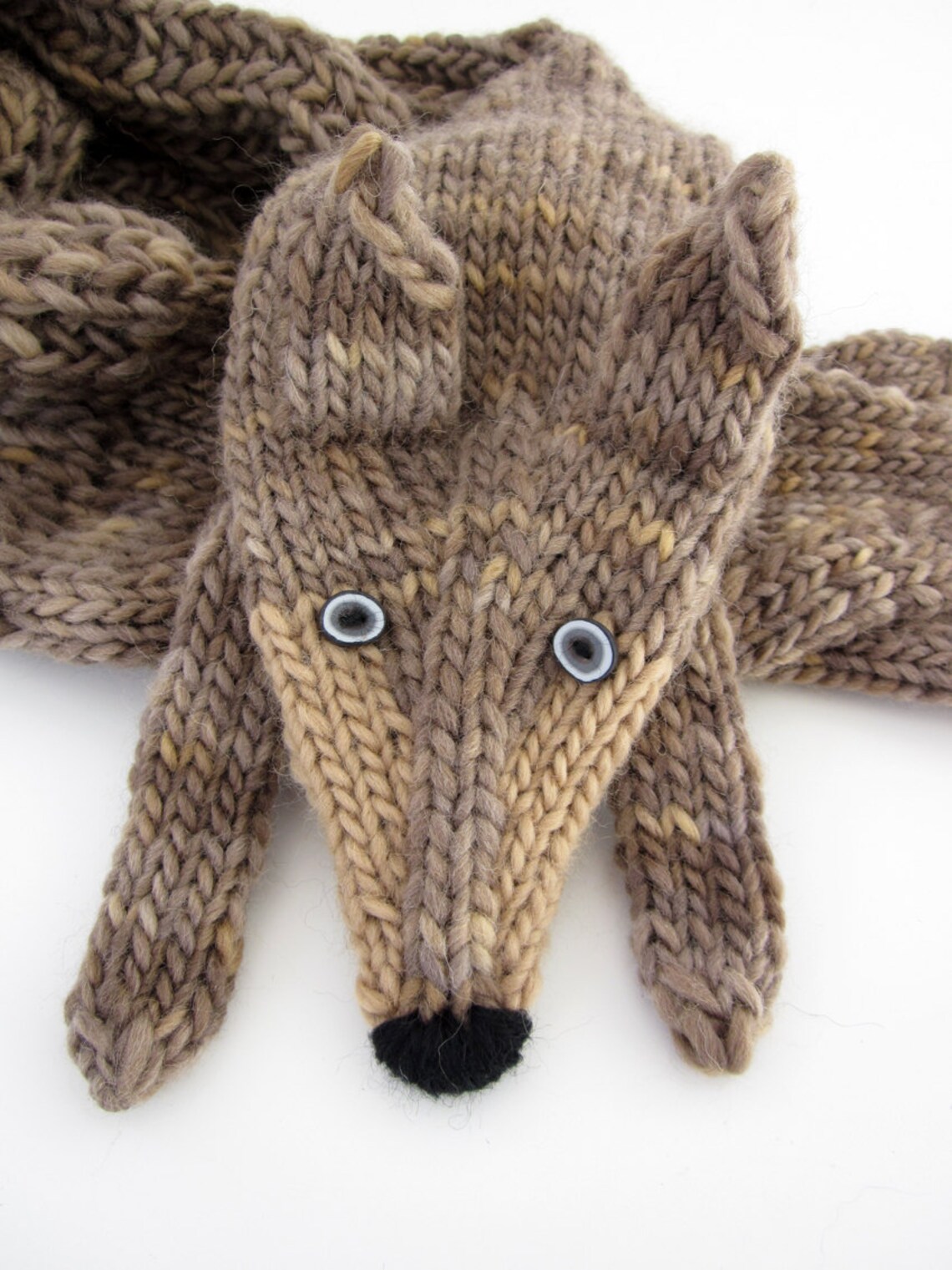 Hand Knit Wolf Scarf in Brown Black With Polymer Clay Buttons - Etsy