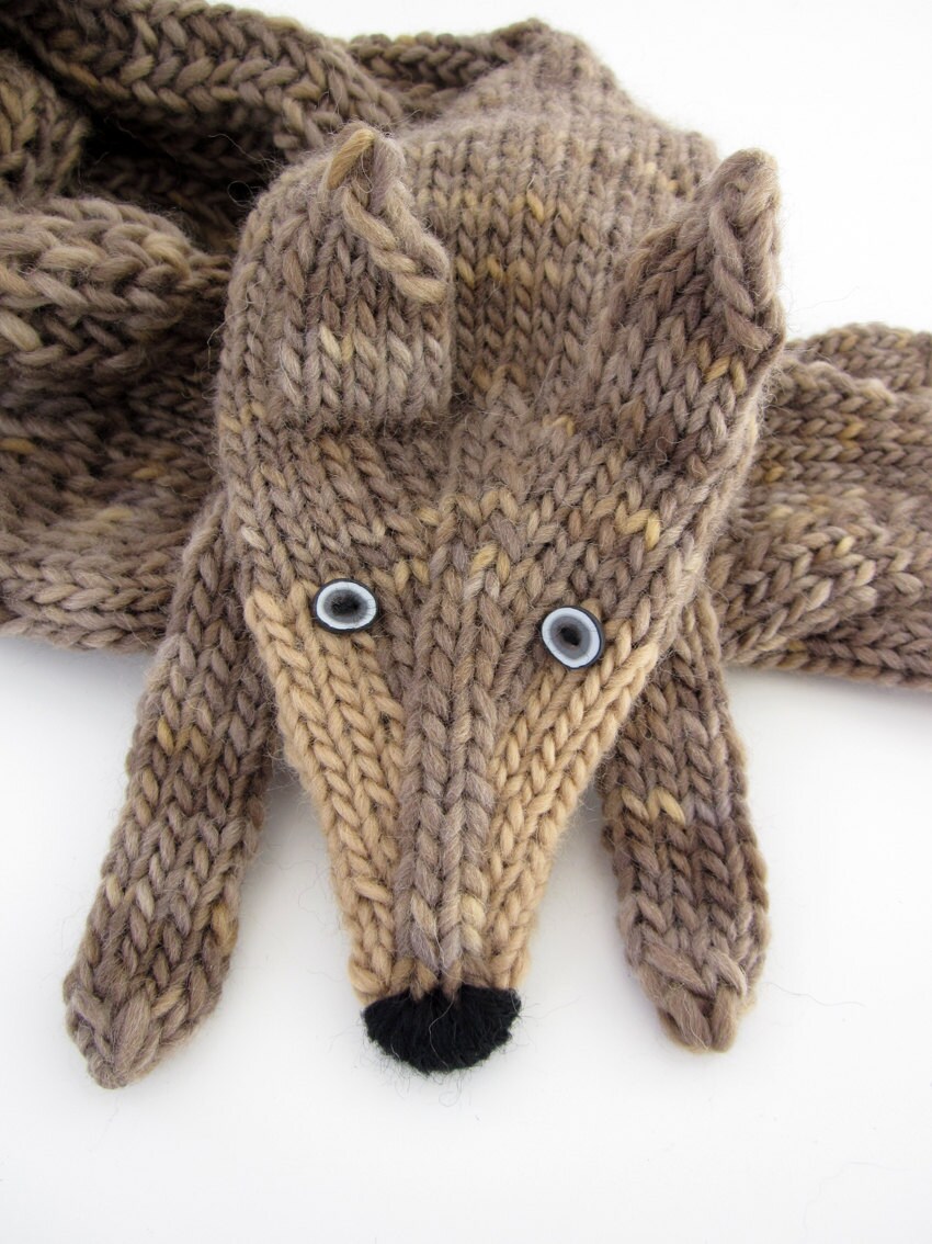 Hand Knit Wolf Scarf in Brown Black With Polymer Clay Buttons - Etsy