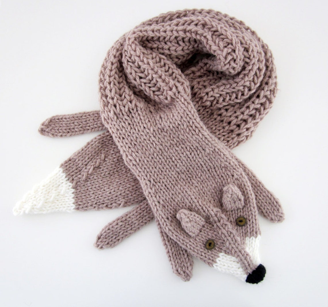 Hand Knit Fox Scarf in Light Brown, Hazelnut With Polymer Clay Buttons ...