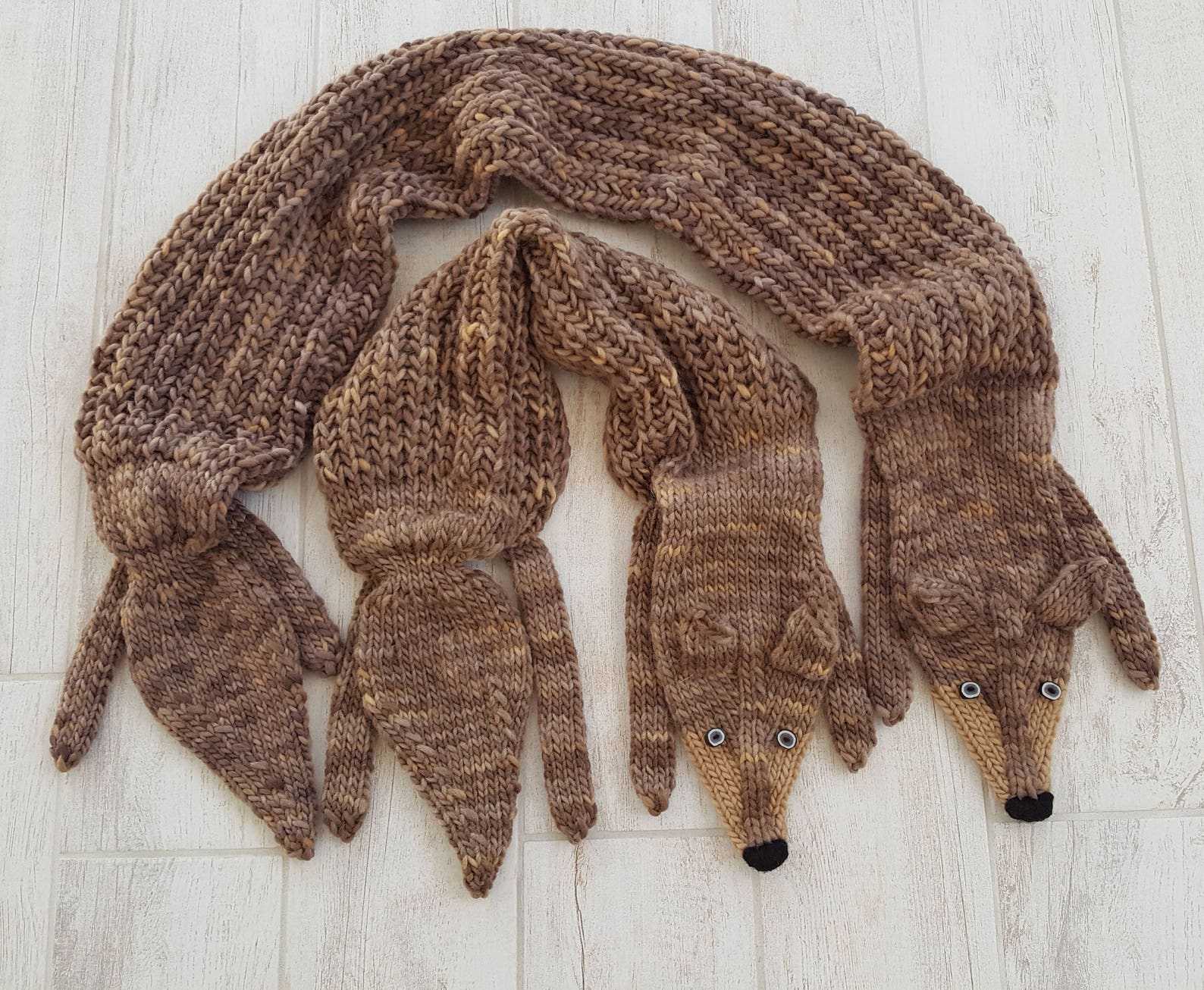 Hand Knit Wolf Scarf in Brown Black With Polymer Clay Buttons - Etsy