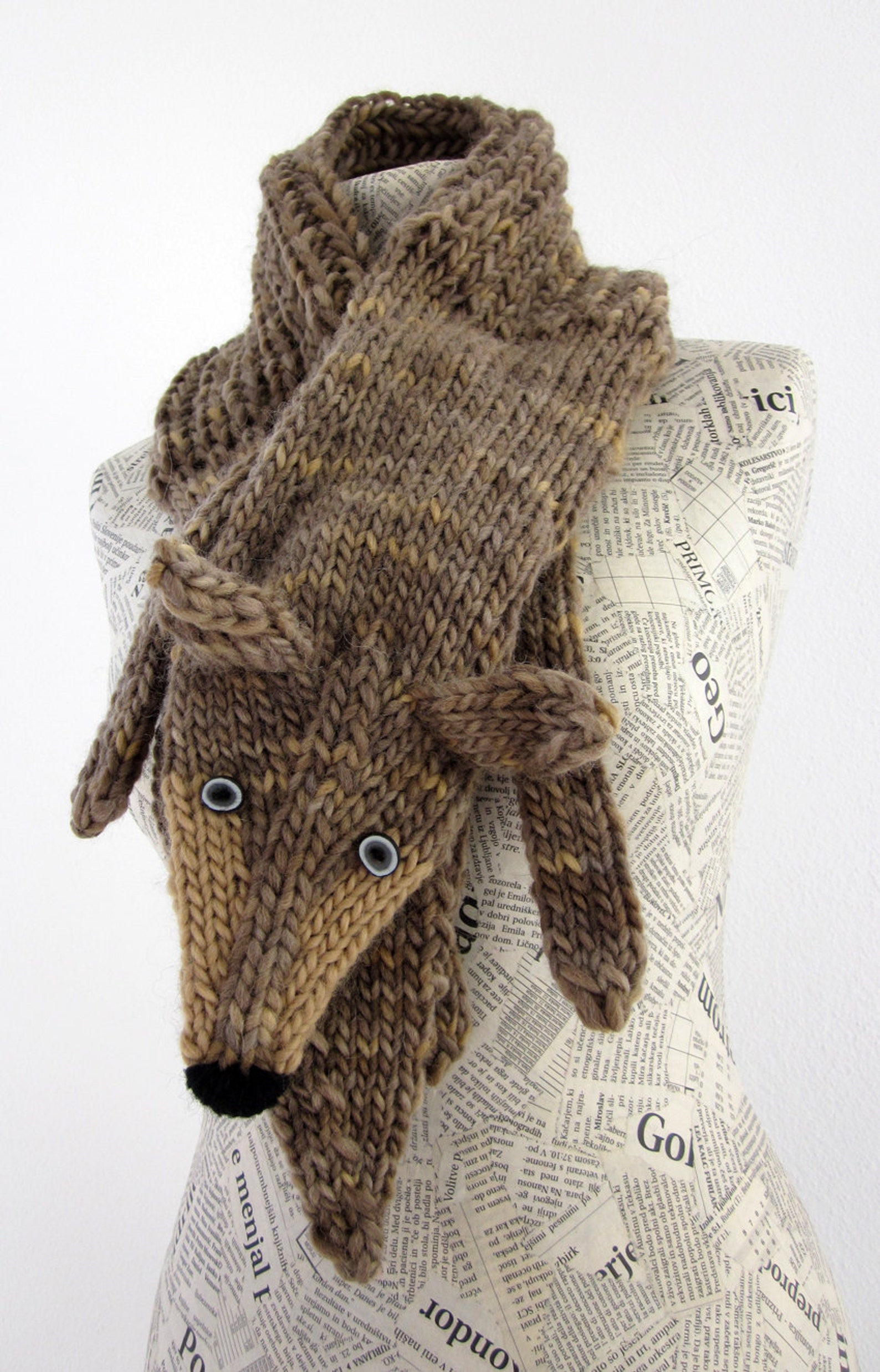 Hand Knit Wolf Scarf in Brown Black With Polymer Clay Buttons - Etsy