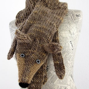 Hand Knit Wolf Scarf in Brown Black With Polymer Clay Buttons - Etsy